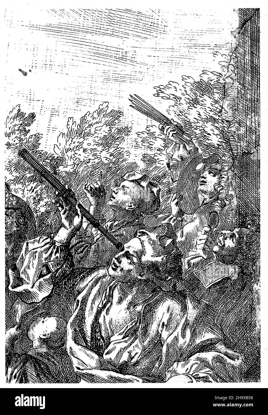 Engraving of people watching a partial eclipse in Paris in 1715 Stock ...