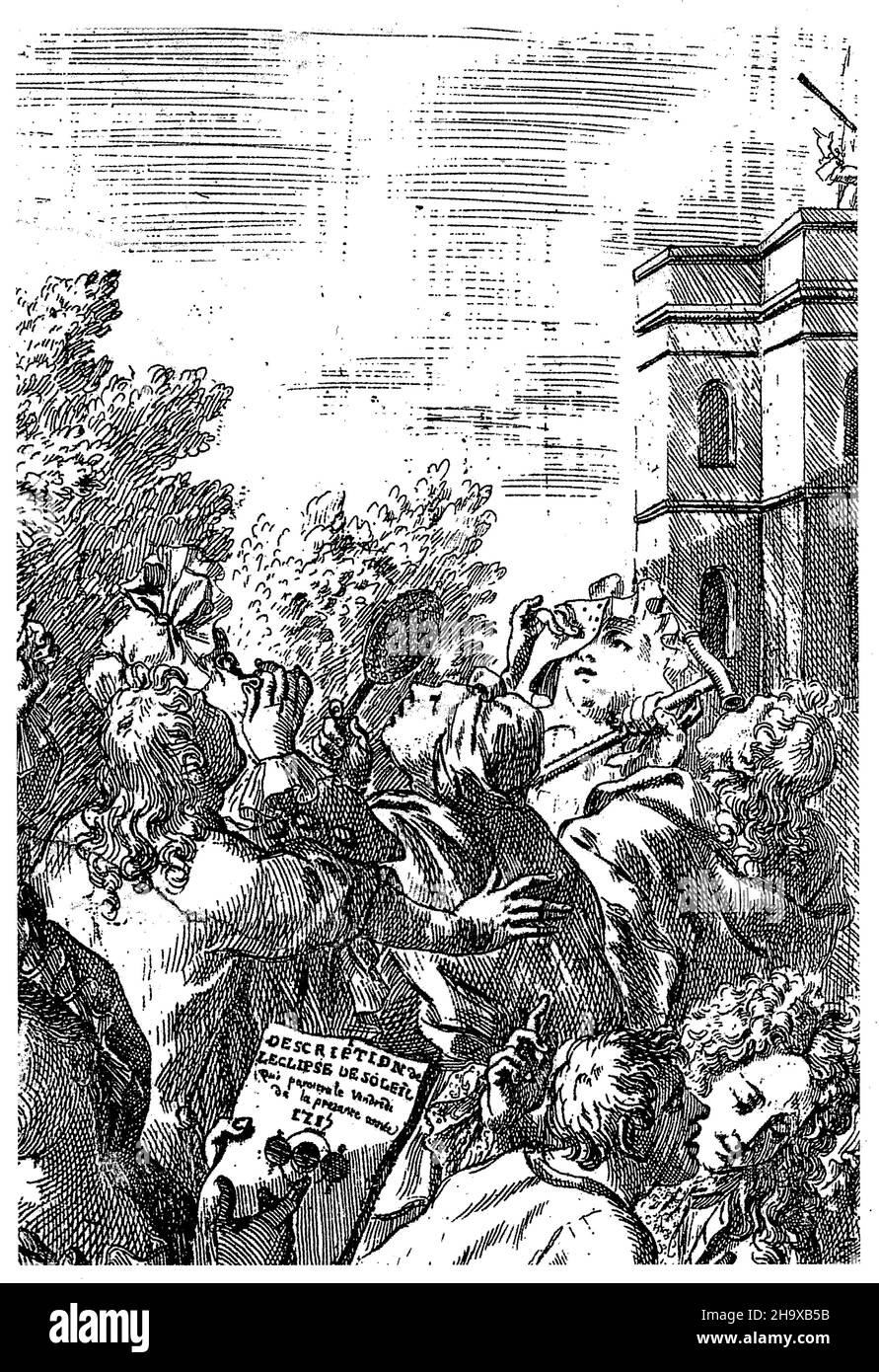 Engraving of people watching a partial eclipse in Paris in 1715, using ...