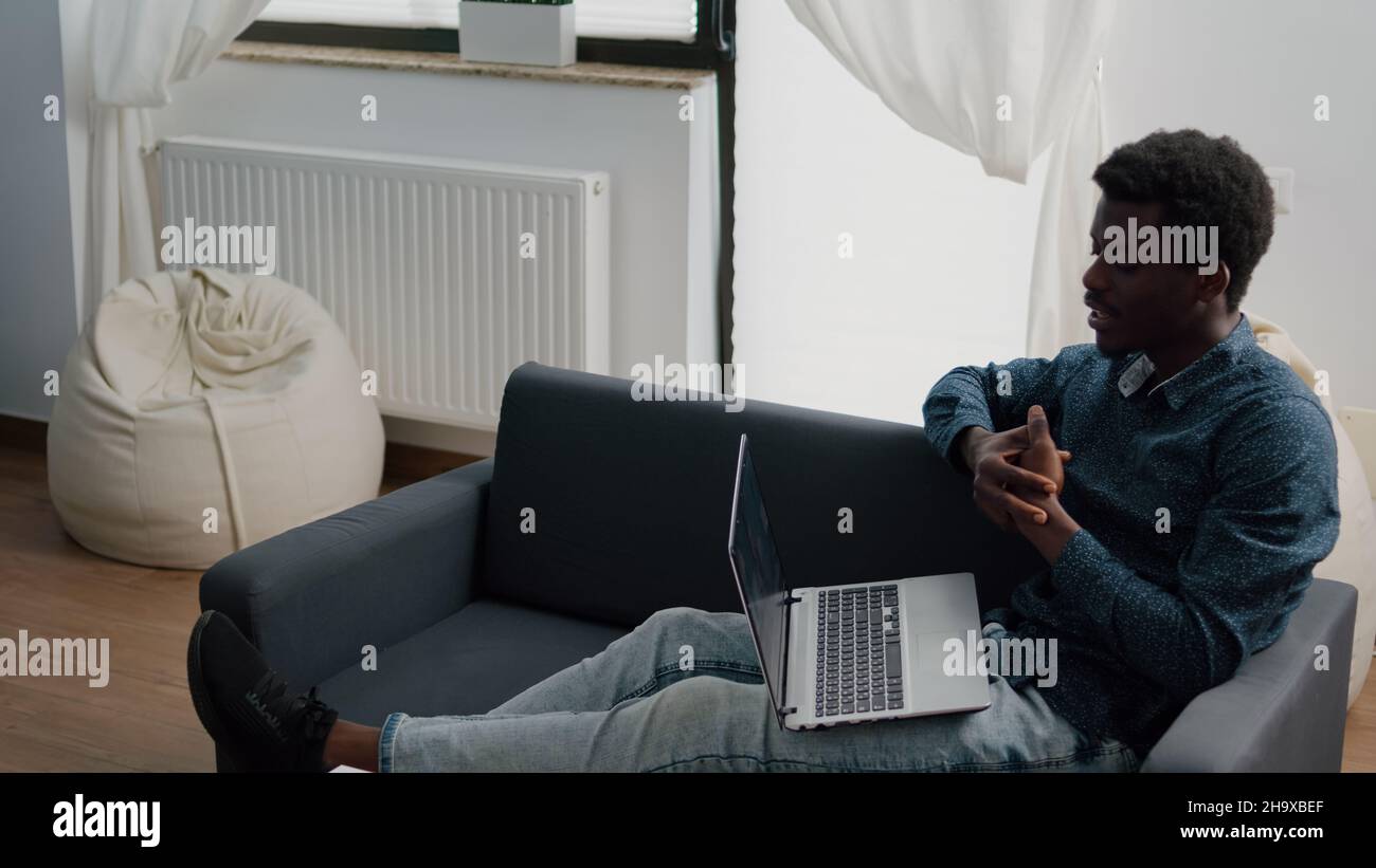 Remote african american worker on internet web online communication ...