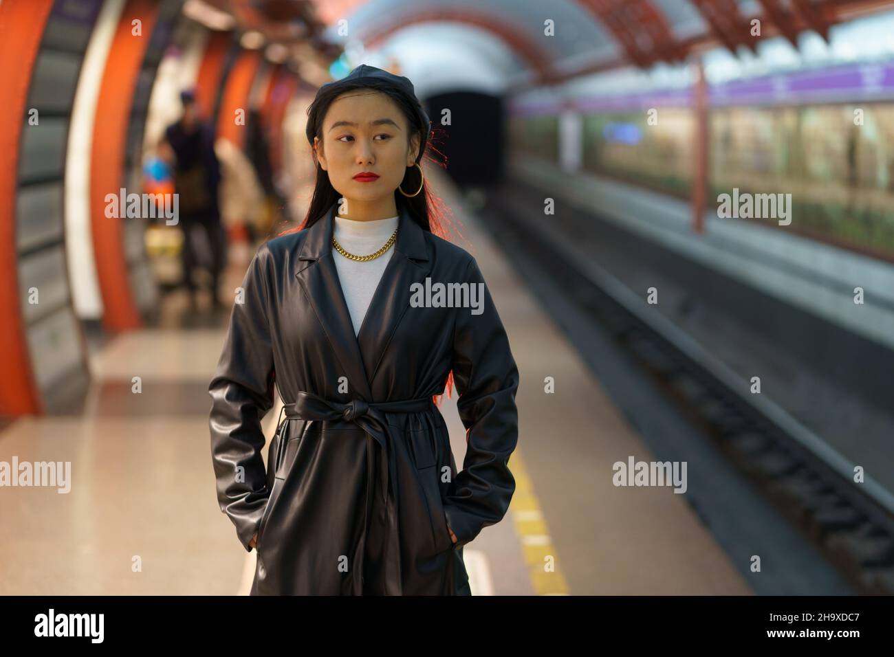 Urban fashion concept: korean female in trendy street style clothes ...