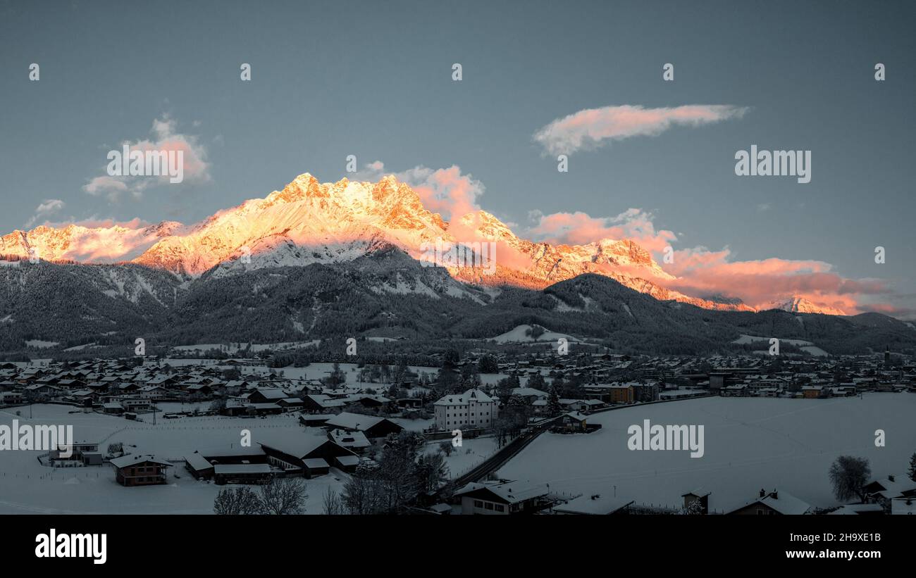 Amazing sunset scenery in the mountains at a beautiful winter evening ...