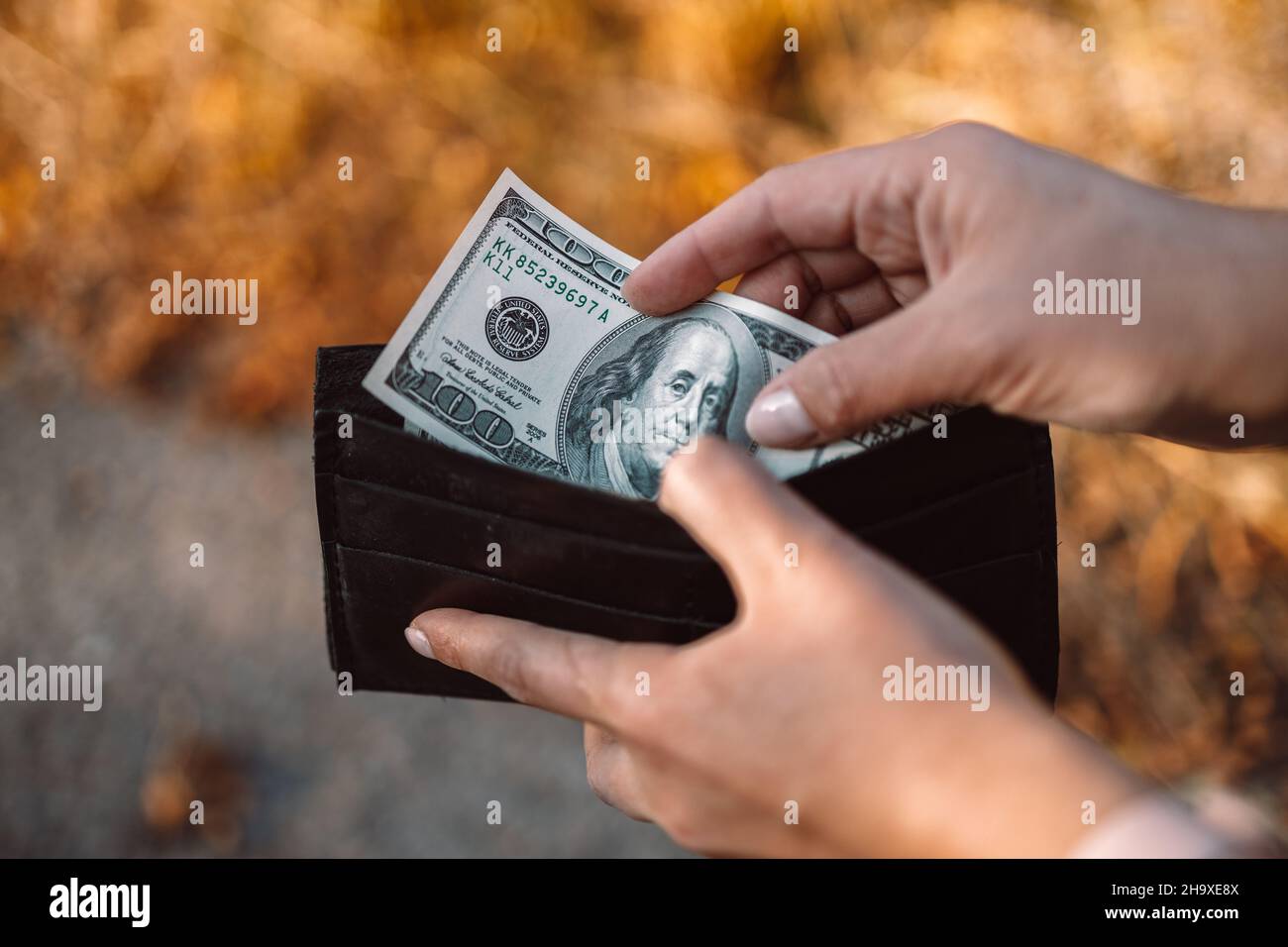 Person taking out dollars money from her pocket wallet. Counting money ...