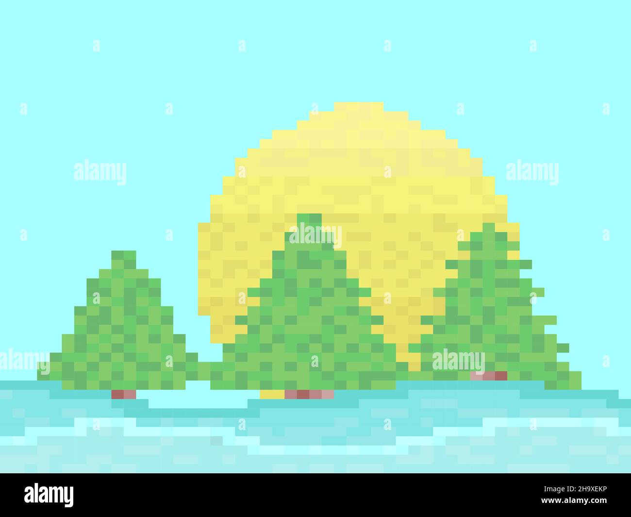 Winter landscape in pixel art style. 8 bit sun and snow-covered hills ...