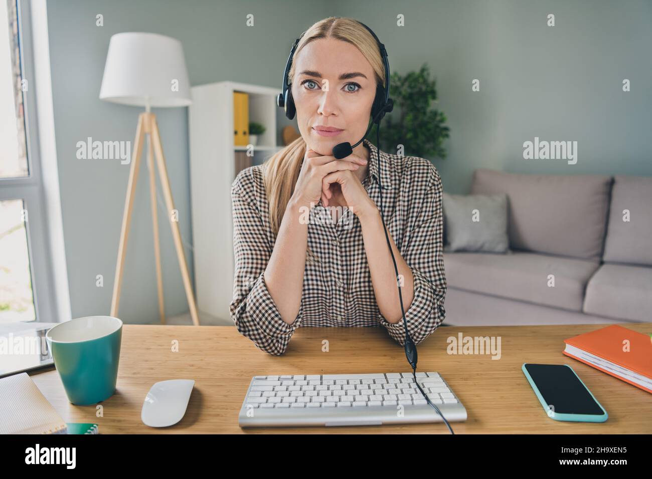 Photo of focused professional adviser lady sit desk video call ...