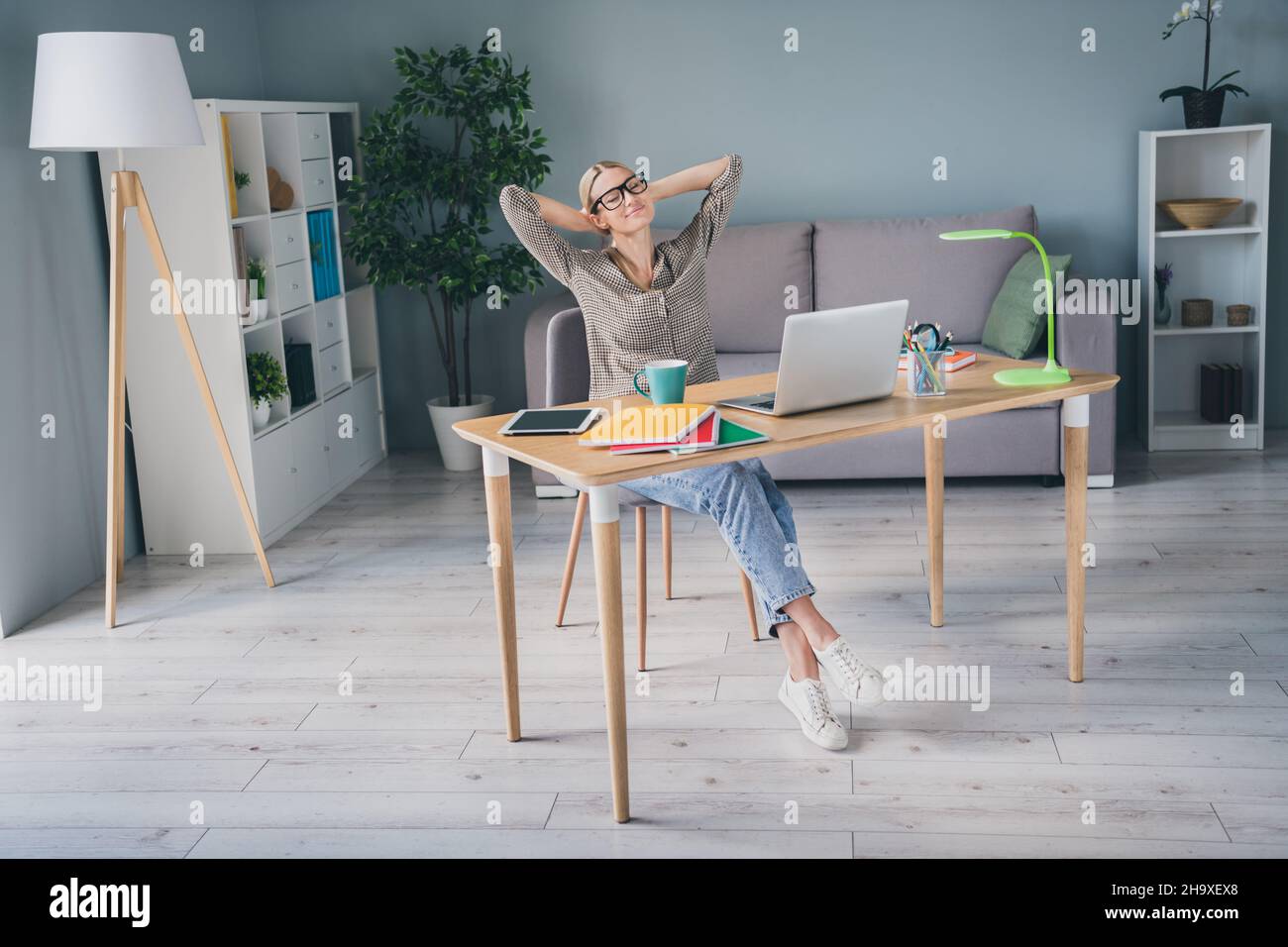 Full body photo of calm lawyer banker representative lady sit desk end ...