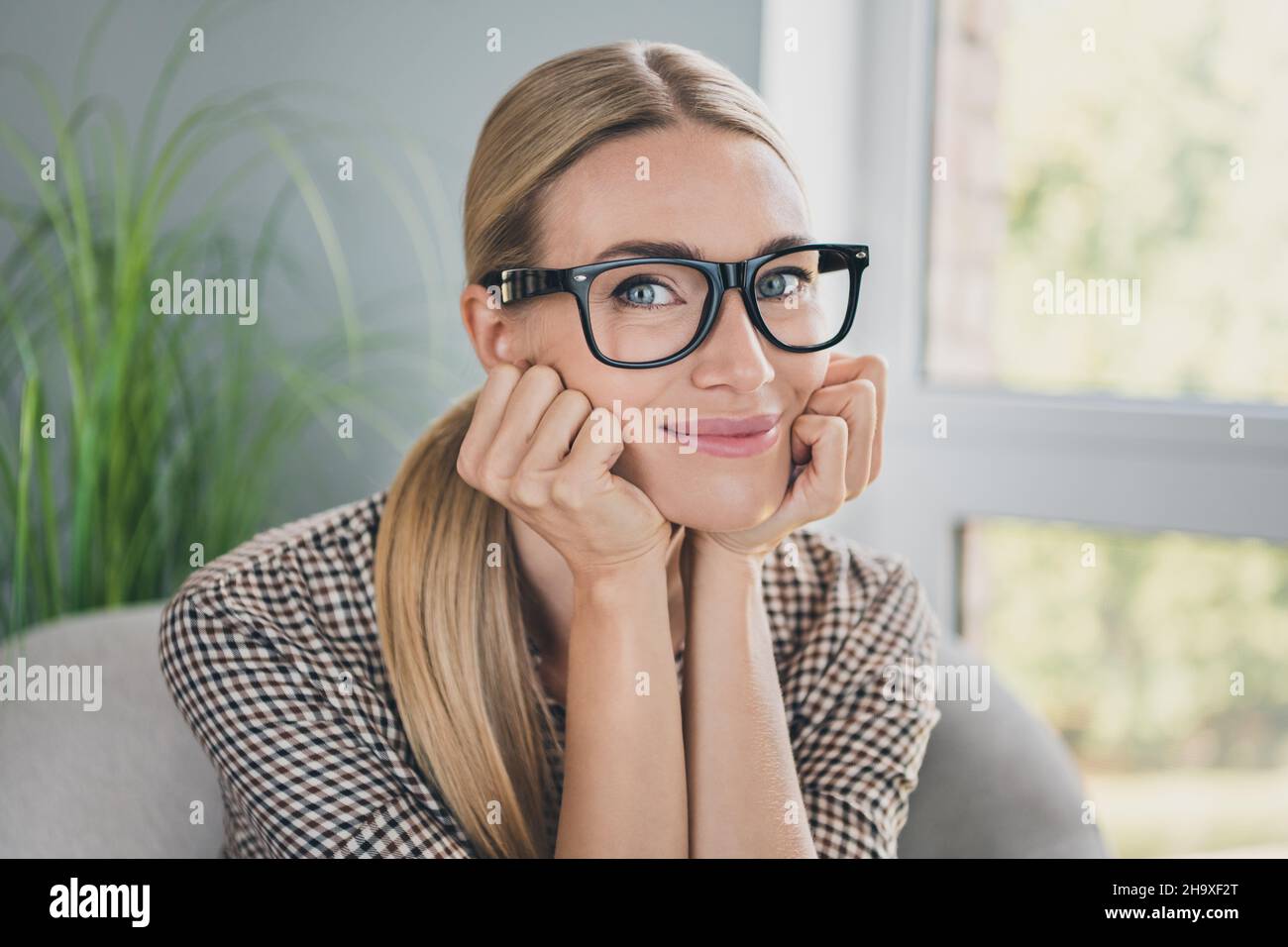 Portrait of beautiful manager agent banker economist lady touch hands ...