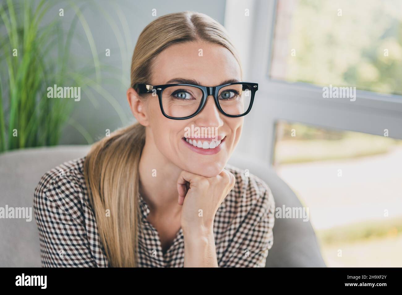 Portrait of positive cheerful agent lawyer banker lady touch hand chin ...