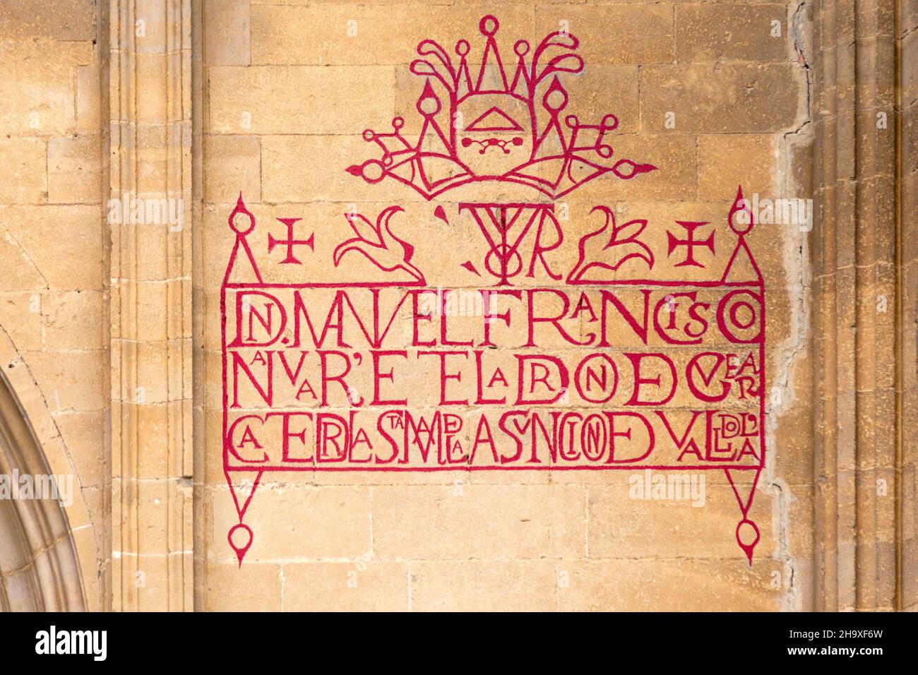 Red lettering detail on church of San Andres Eliza, Elceigo, Álava ...