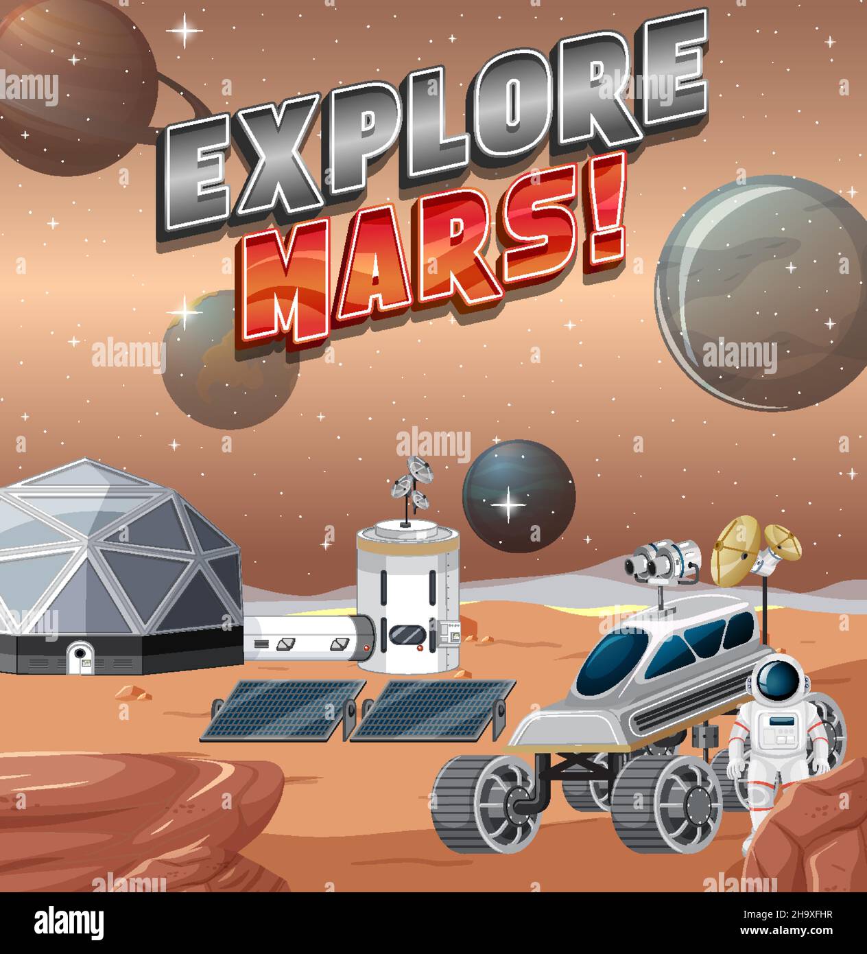 Astronaut explore Mars planet scene illustration Stock Vector Image ...