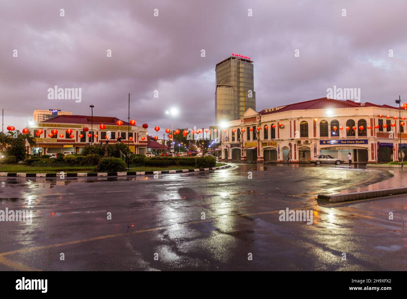 MIRI, MALAYSIA - FEBRUARY 27, 2018: Evening view of streets in Miri ...