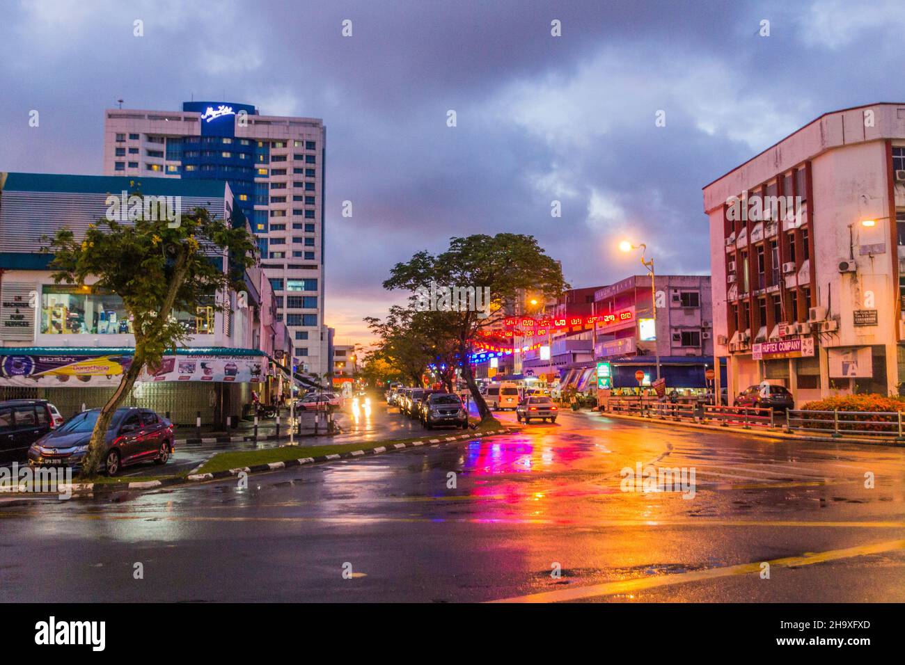 MIRI, MALAYSIA - FEBRUARY 27, 2018: Evening view of streets in Miri ...