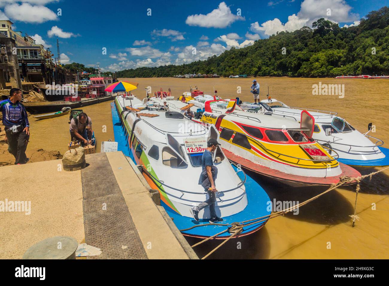 KAPIT, MALAYSIA - MARCH 2, 2018: Boats on Batang Rejang river in Kapit ...