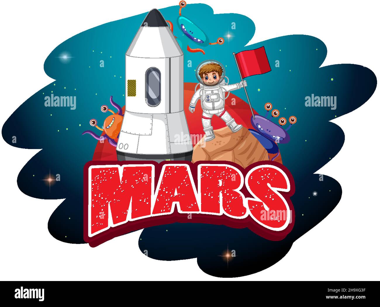 Mars word design with spaceship and astronaut illustration Stock Vector ...