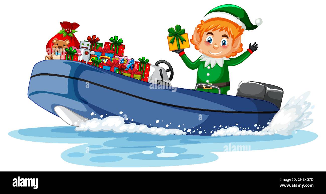 Christmas elf on the boat with his gifts illustration Stock Vector ...