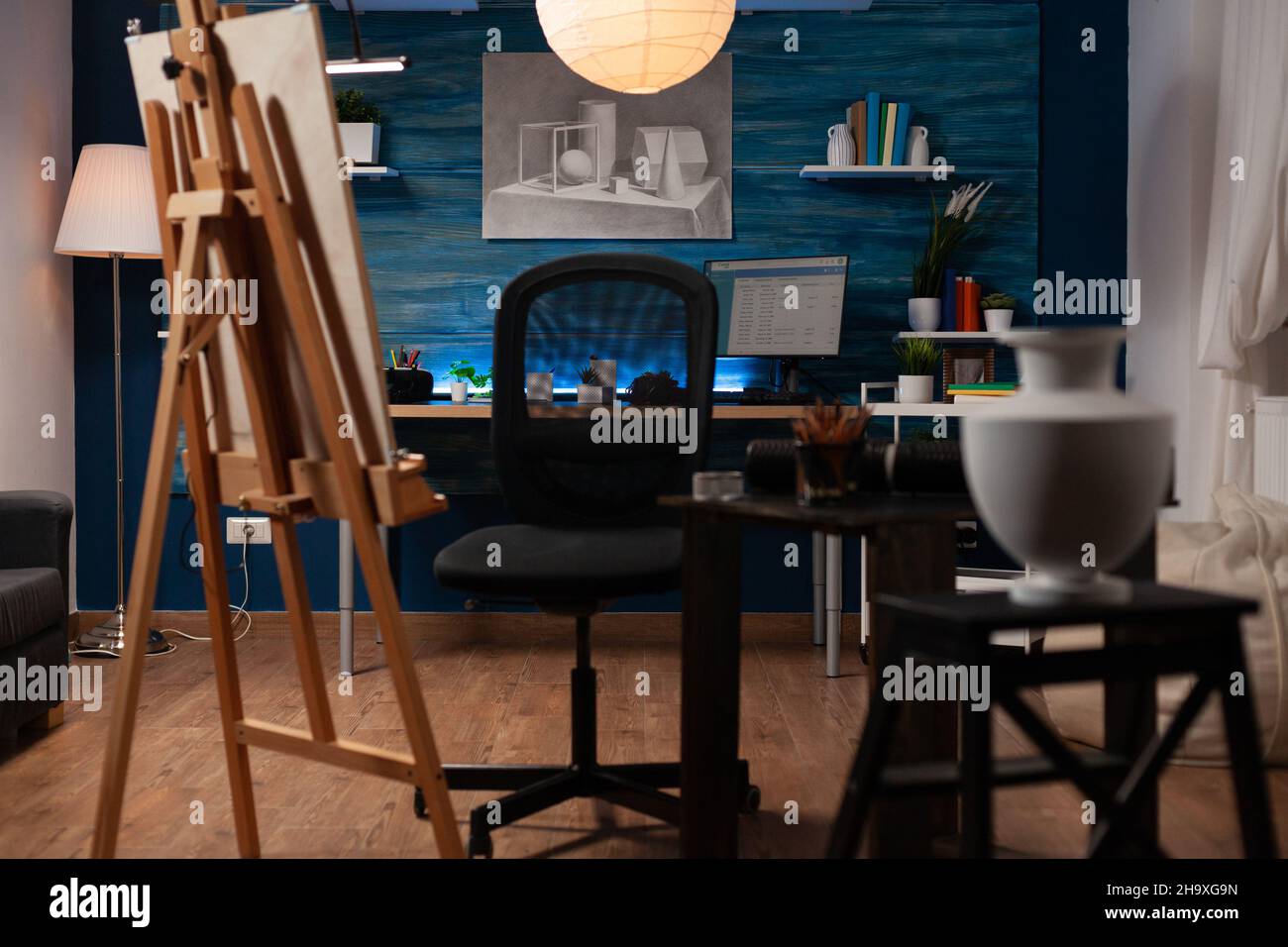 Empty artwork studio with painting equipment. Workshop room filled with ...