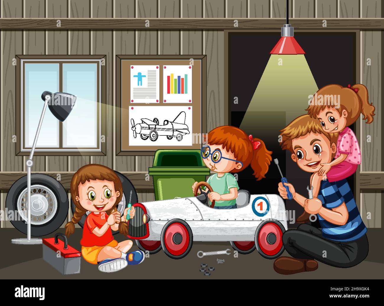 Garage scene with children fixing a car together illustration Stock ...