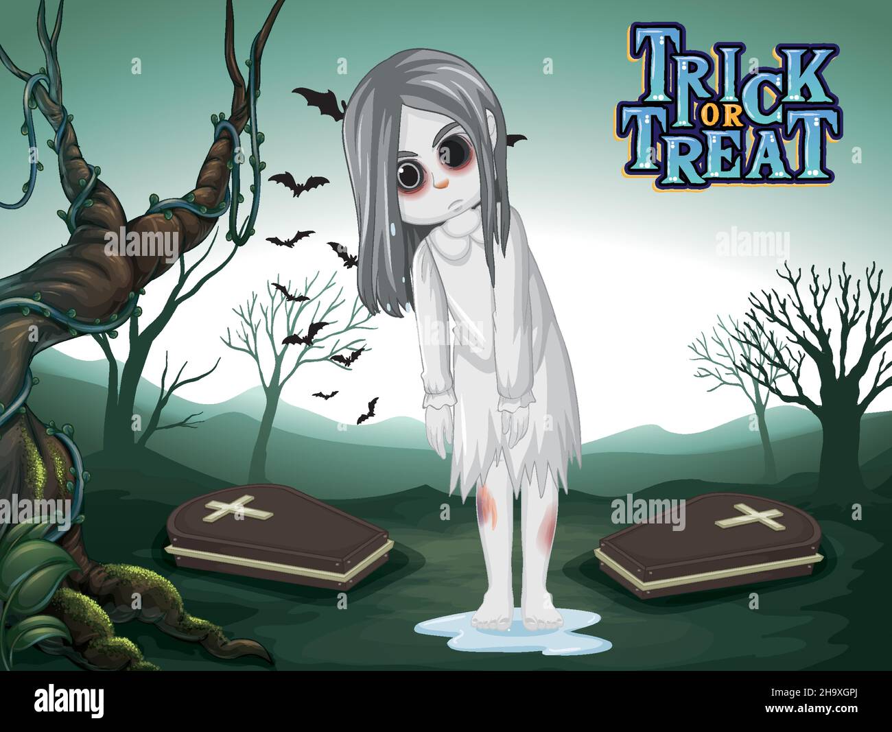 Little ghost girl with black eyes on dark forest background ...