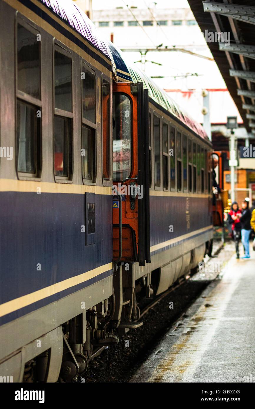 BUCHAREST, ROMANIA - Dec 08, 2021: Train in motion or at train platform ...