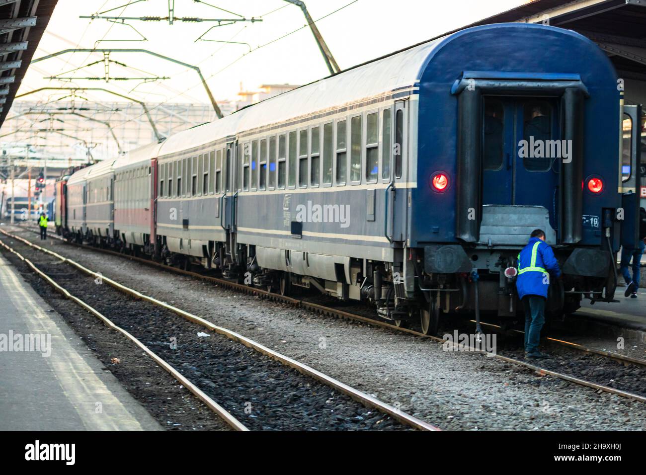 BUCHAREST, ROMANIA - Dec 08, 2021: Train in motion or at train platform ...