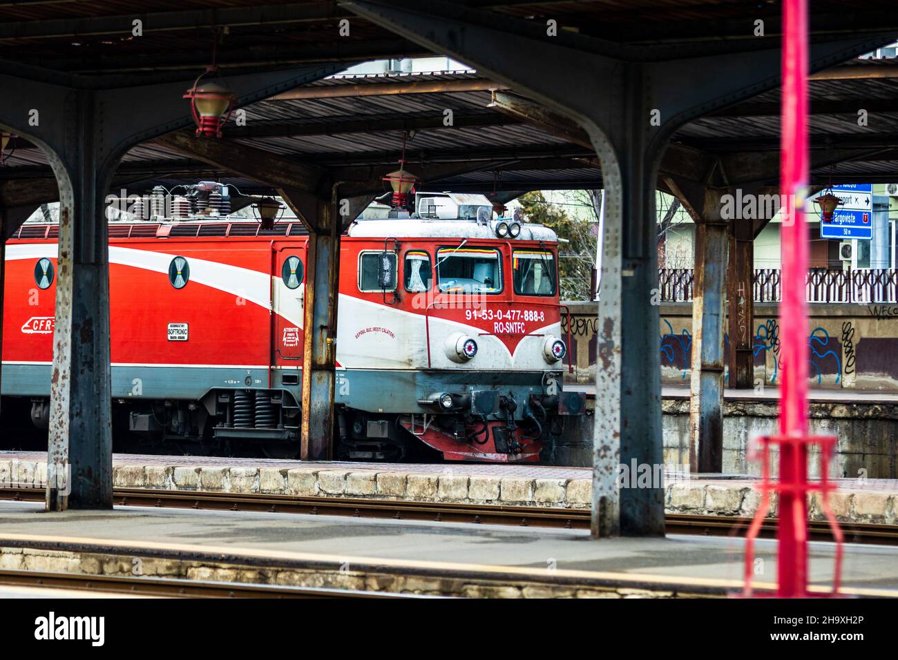 BUCHAREST, ROMANIA - Dec 08, 2021: Train in motion or at train platform ...