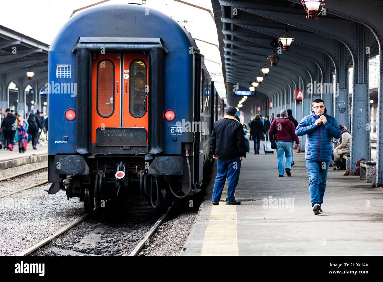 BUCHAREST, ROMANIA - Dec 08, 2021: Train in motion or at train platform ...