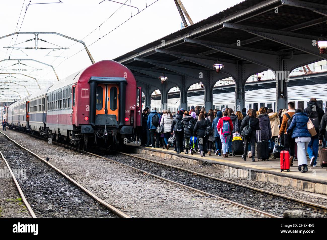 BUCHAREST, ROMANIA - Dec 08, 2021: Train in motion or at train platform ...