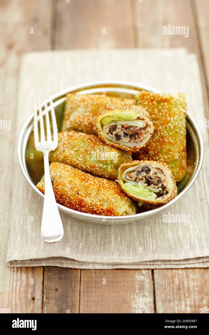 Fried cabbage roulades filled with mushrooms, bacon and millet Stock ...