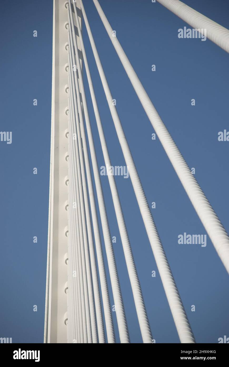 Architectural background: thick white steel ropes of bridge in Valenci ...