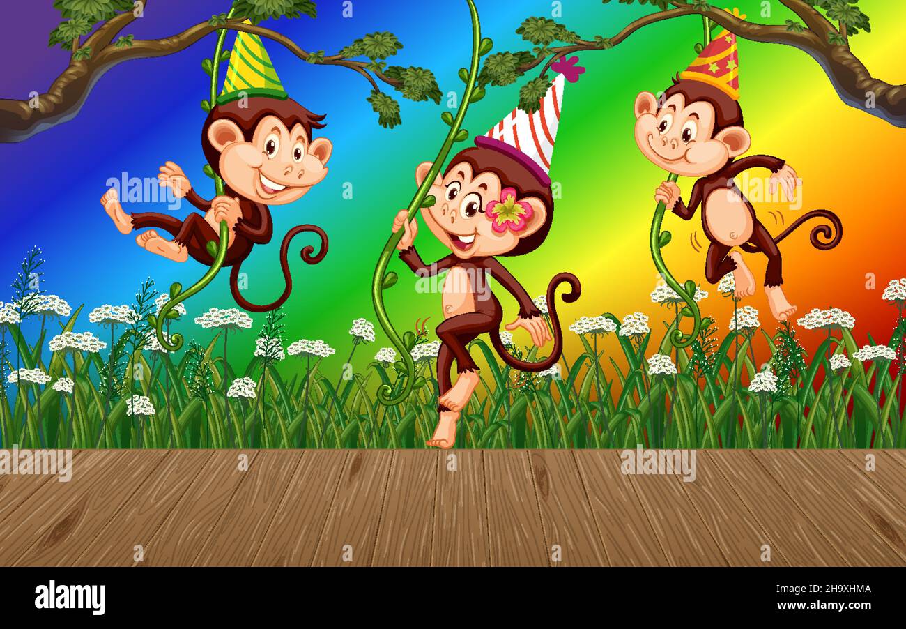 Monkey in the forest on gradient rainbow background illustration Stock ...
