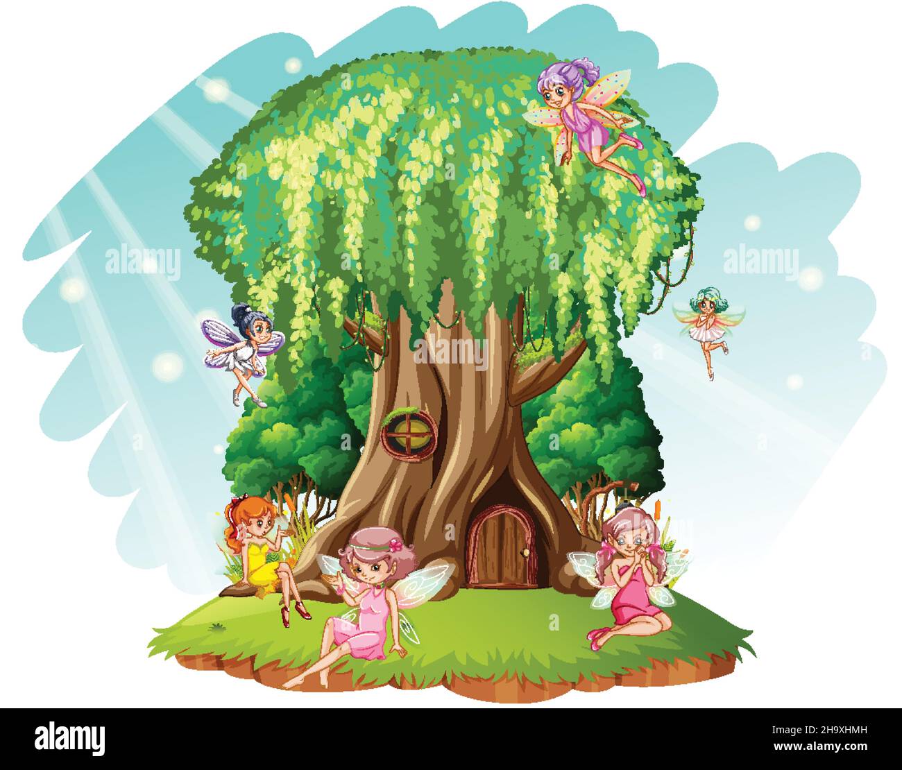 Fantasy Tree House Inside Tree Trunk With Fairies Illustration Stock