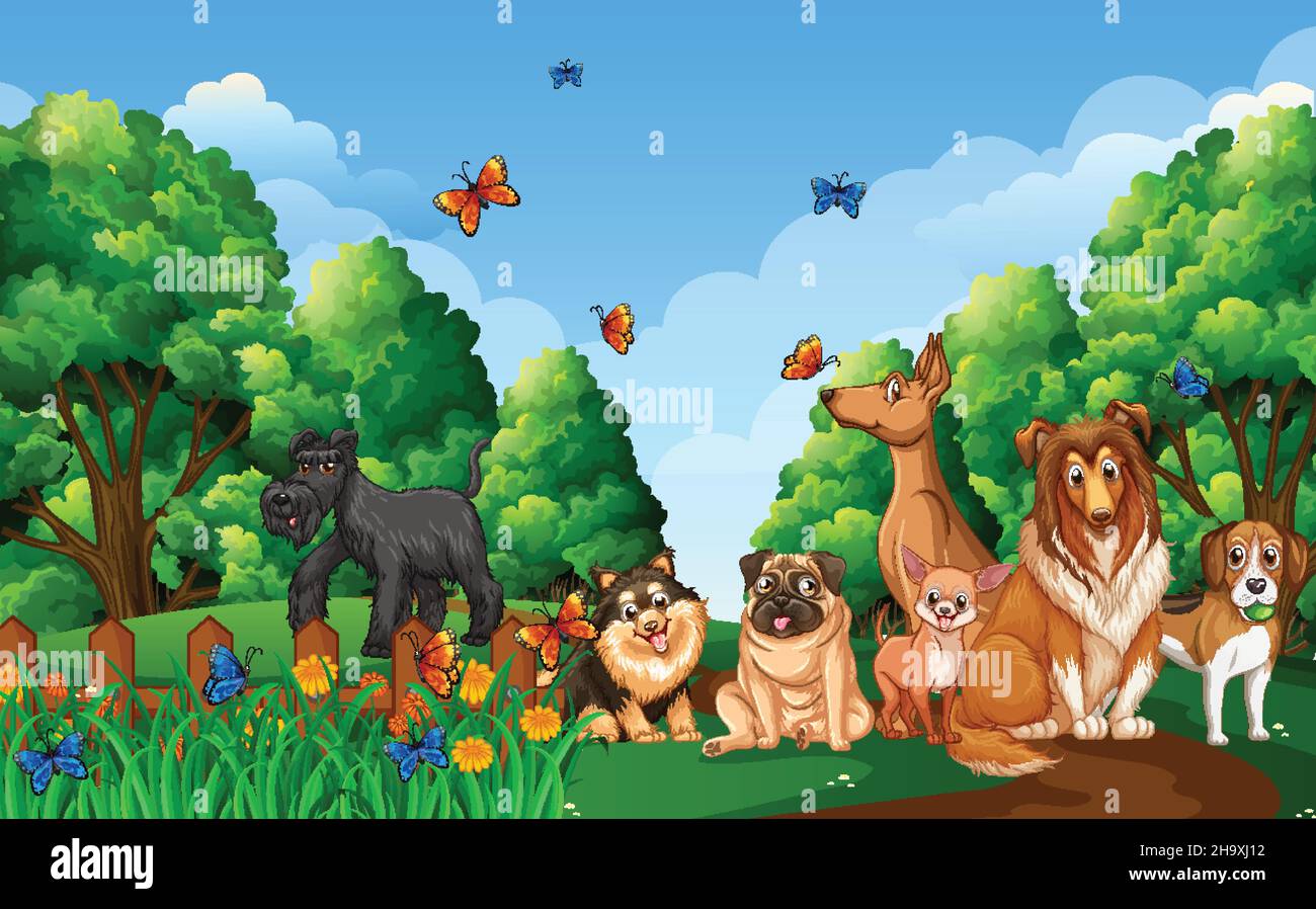 Park scene with different dogs illustration Stock Vector Image & Art ...