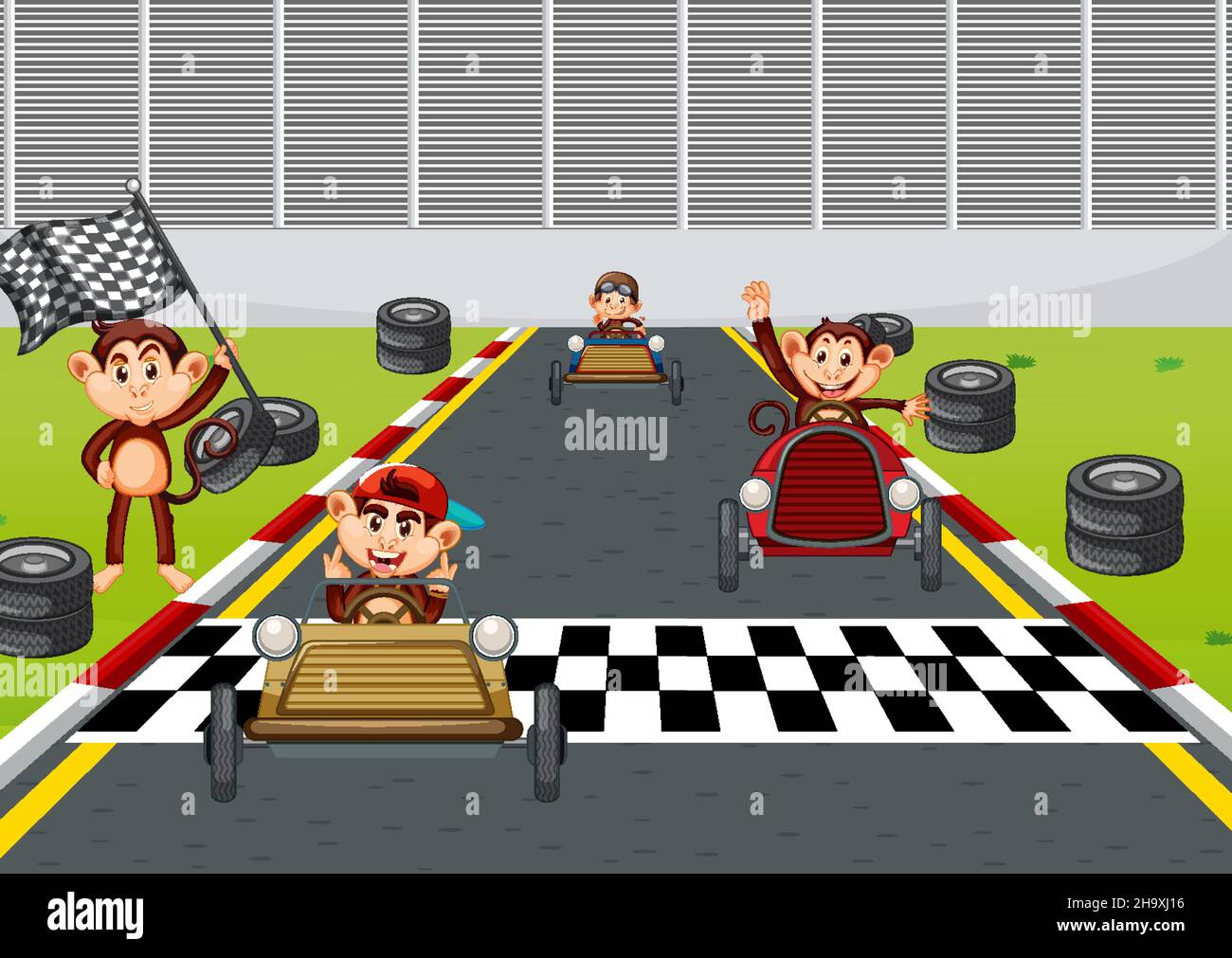 Race track scene with monkey racing drivers illustration Stock Vector ...