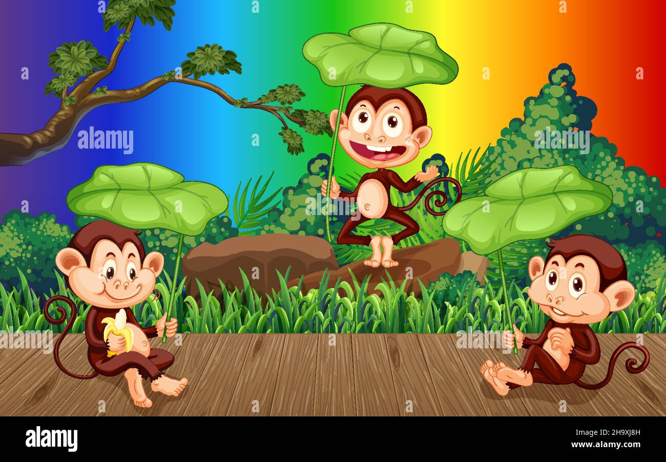 Three monkeys in the forest on gradient rainbow background illustration ...