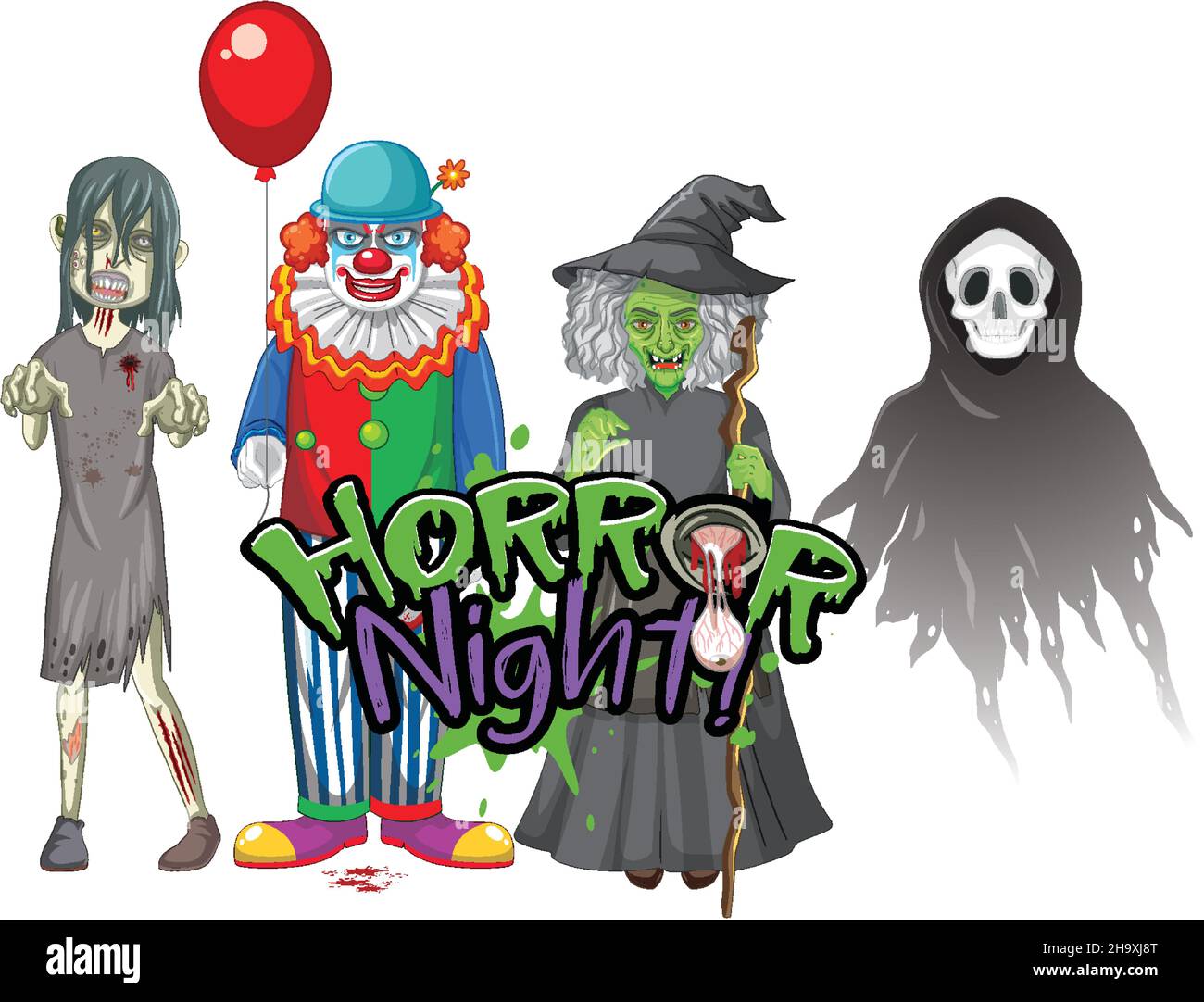Horror Night text design with Halloween ghost characters illustration ...