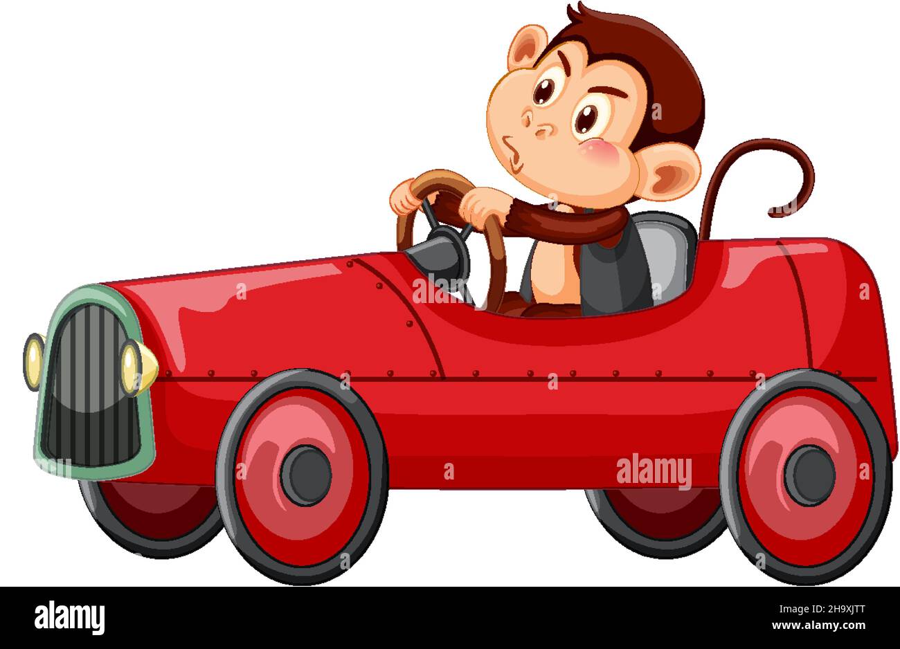 Little monkey driving red race car on white background illustration ...