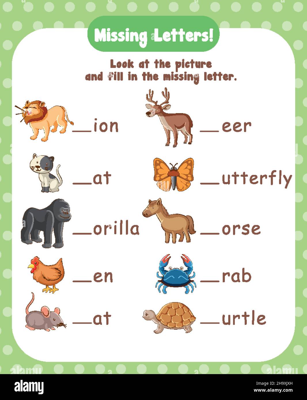 Fill in the missing letter worksheet template illustration Stock Vector ...