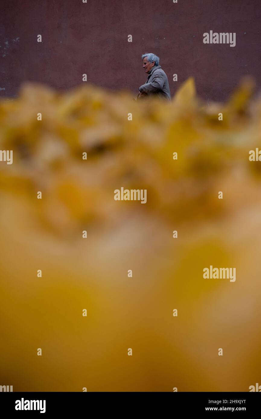 VILNIUS, LITHUANIA - OCTOBER 6 2021: A man is walking down the street ...