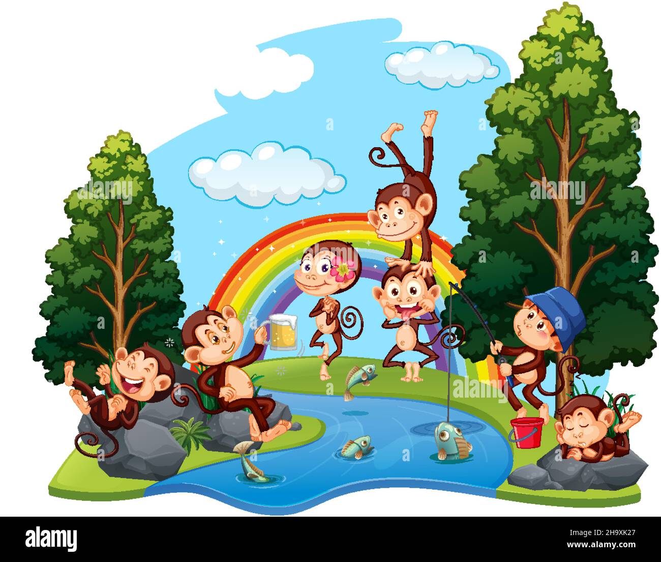 Funny monkeys playing in the forest illustration Stock Vector Image ...