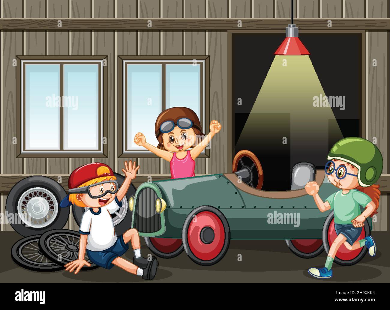 Garage scene with children fixing a car together illustration Stock ...