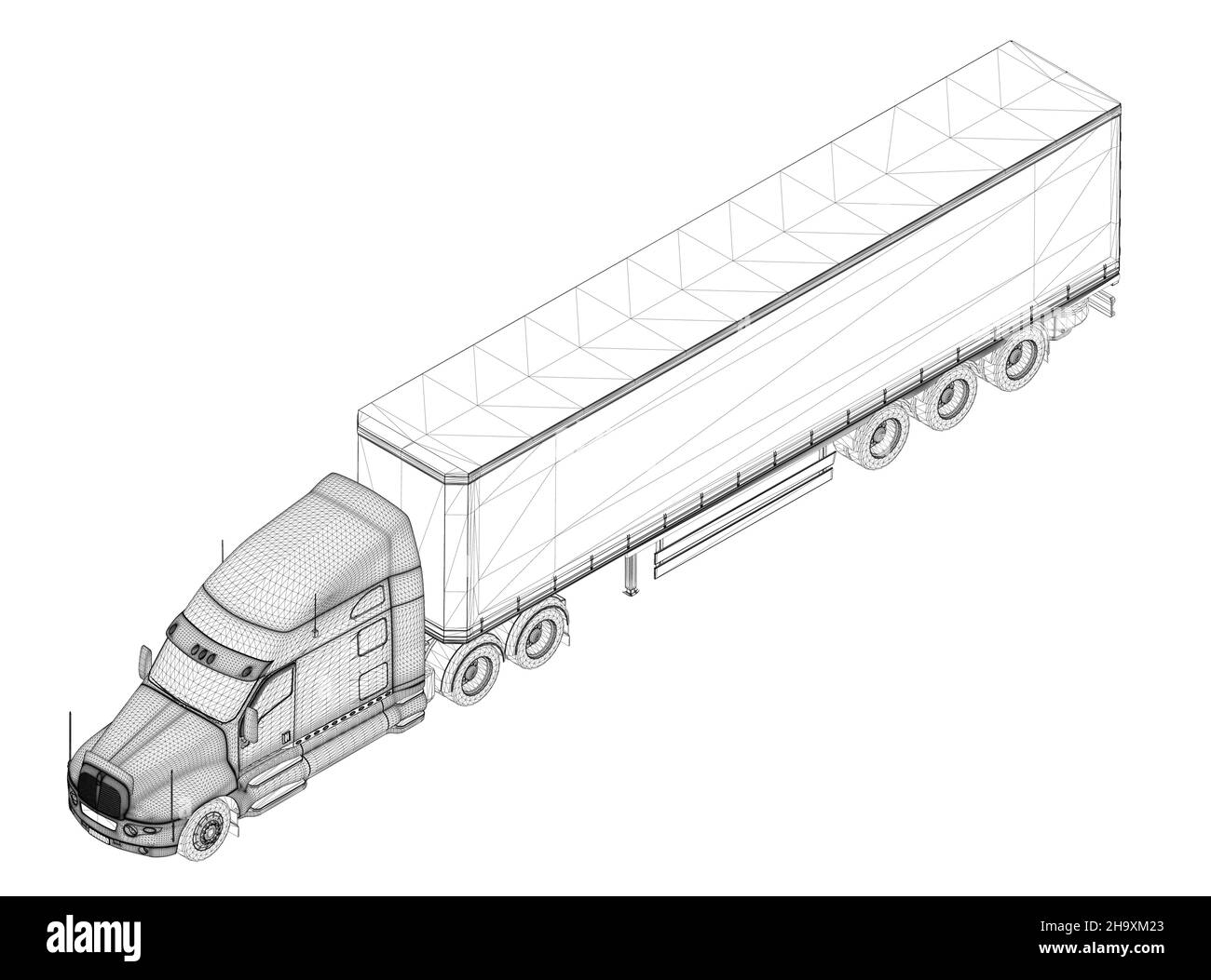 Wireframe of a truck with a wagon from black lines isolated on a white ...