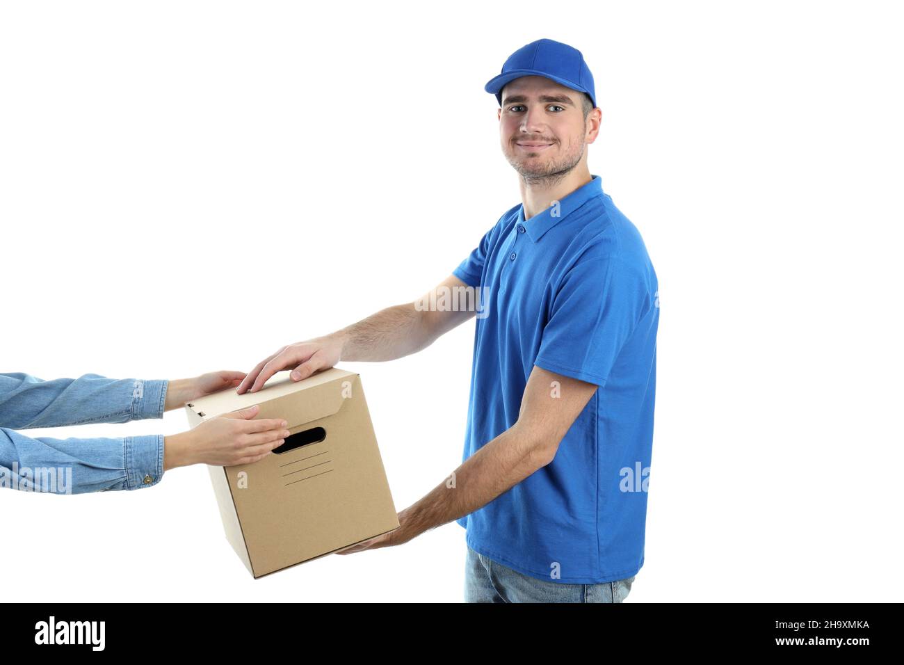 Delivery man give box, isolated on white background Stock Photo - Alamy