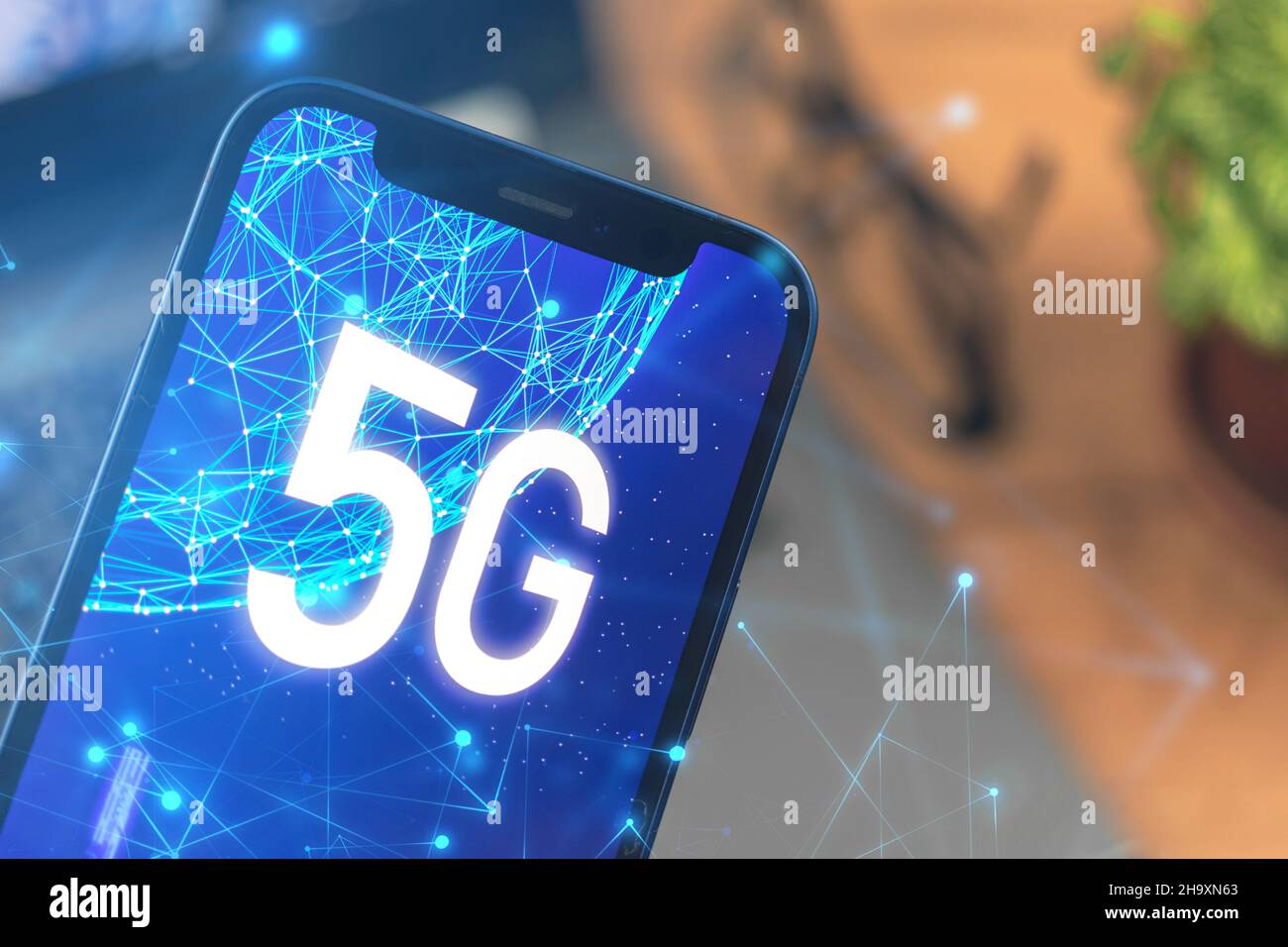 Phone with 5G network. Business desktop background. Concept photo of ...