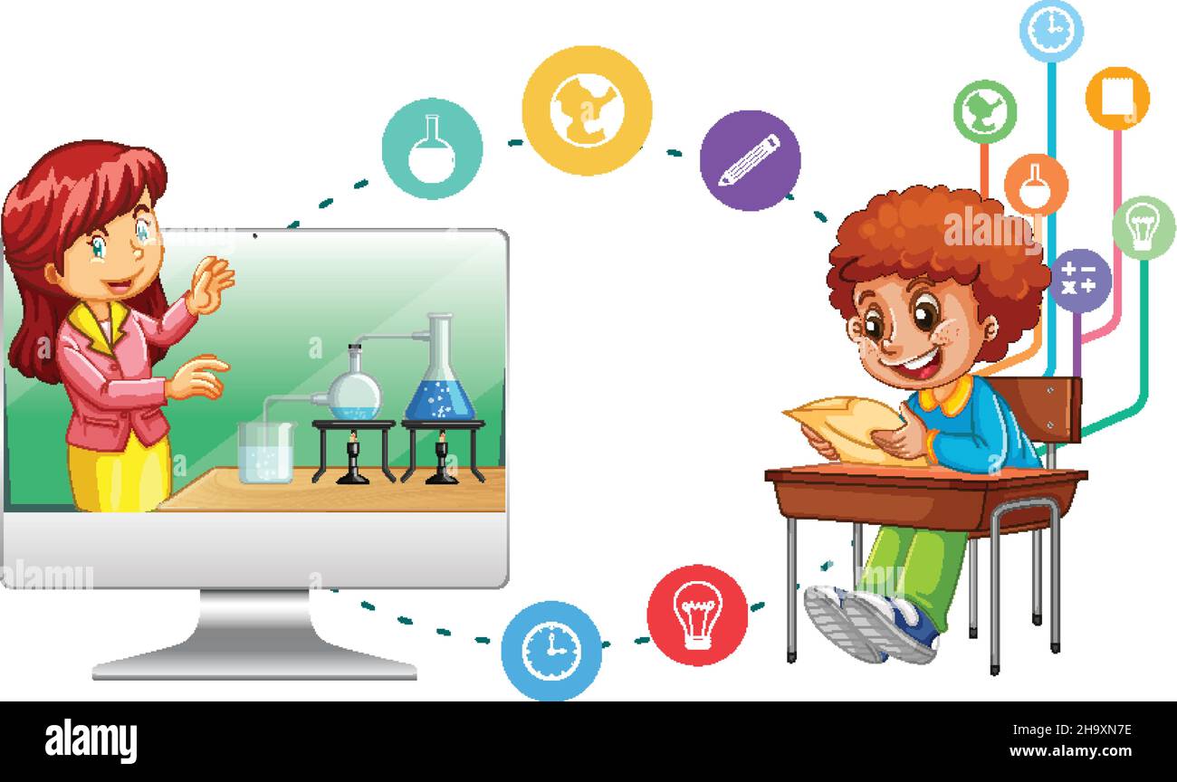 Young boy studying in front of computer illustration Stock Vector Image ...