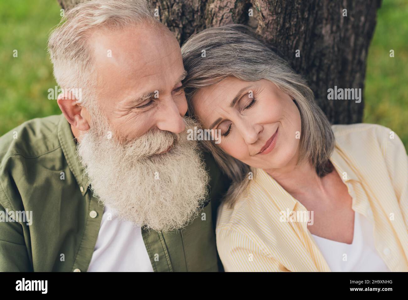 Photo of dreamy inspired couple cuddle enjoy rest nap wear casual ...