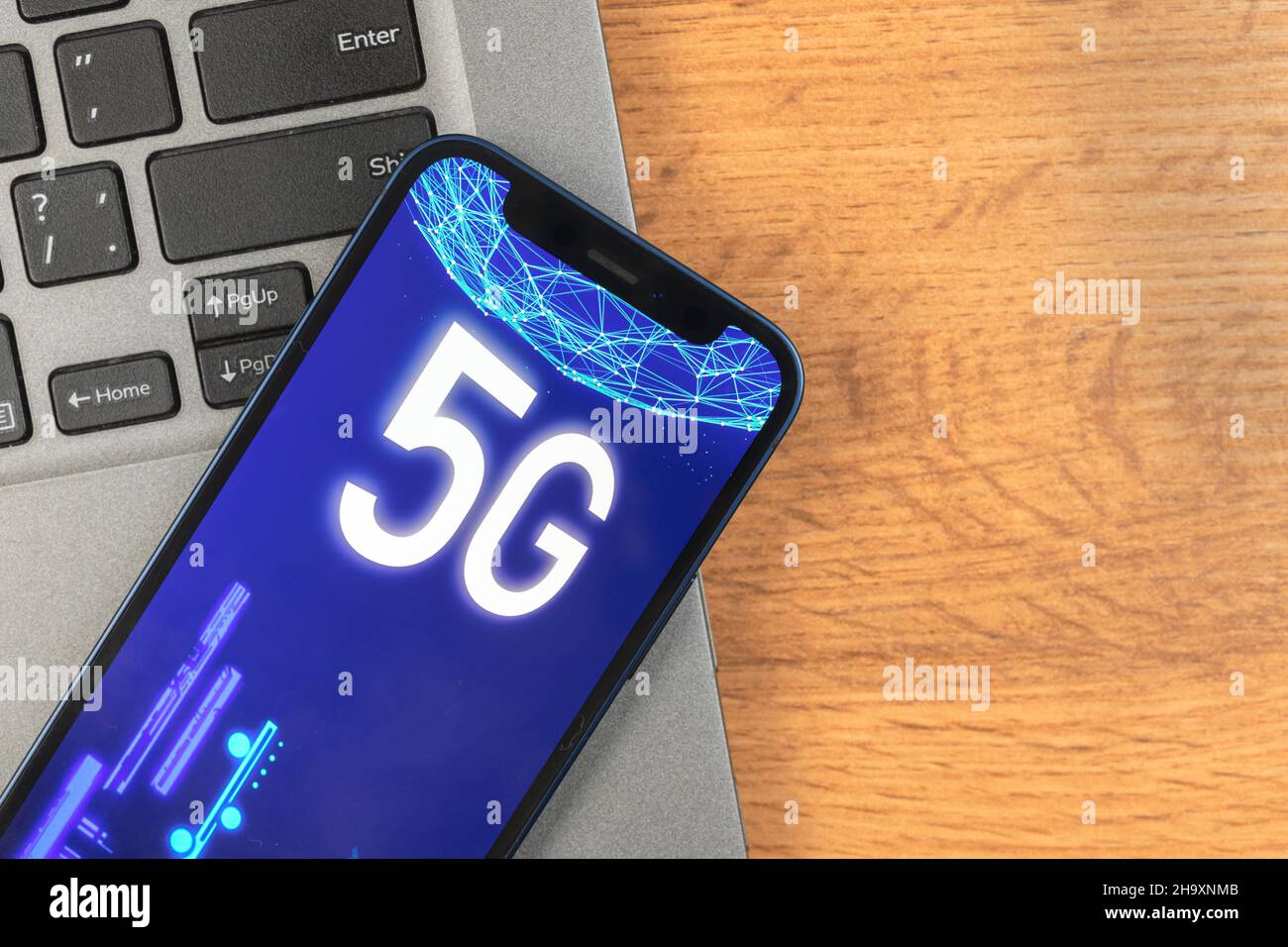 Phone with 5G network. Business desktop background. Concept photo of ...