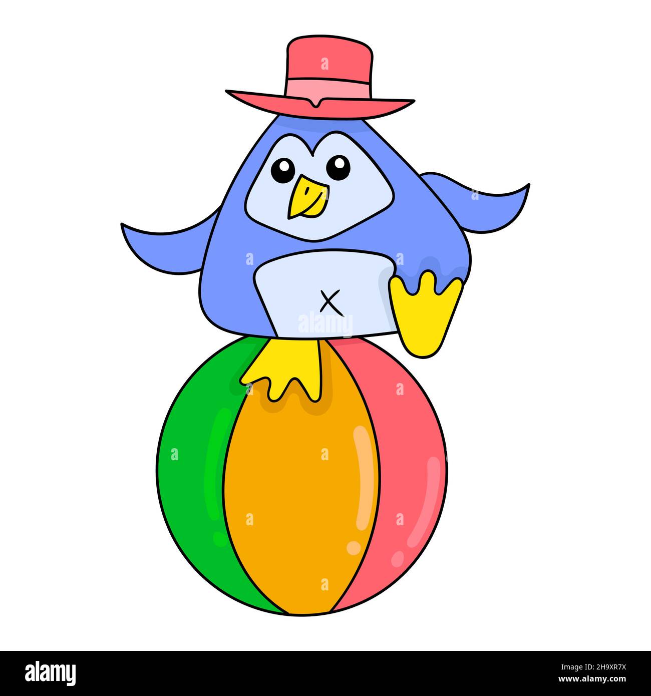 Circus penguin in action standing on ball, vector illustration art ...