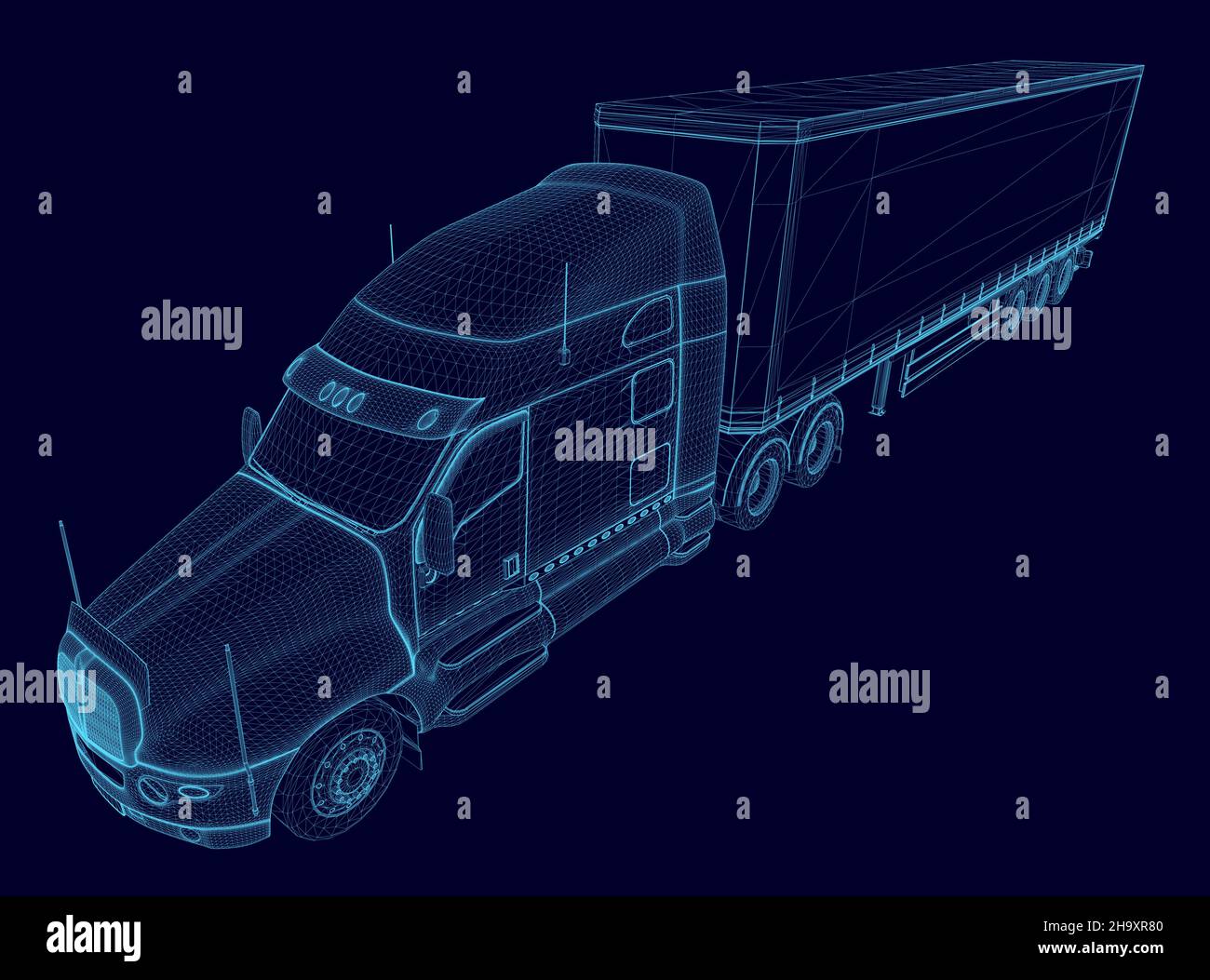 Wireframe of a truck with a wagon from blue lines isolated on a dark ...