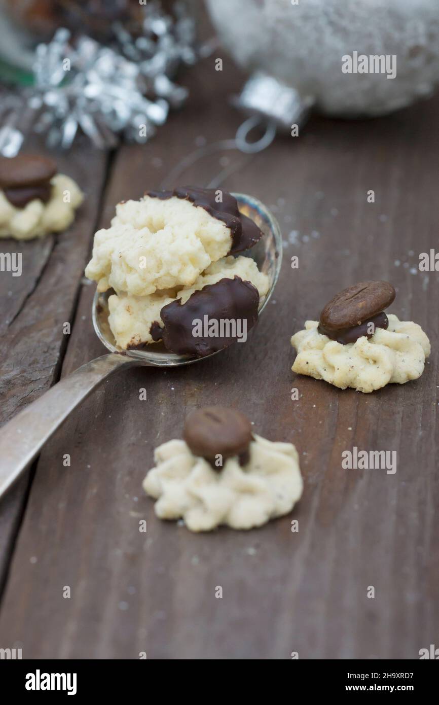 Shortbread biscuits with chocolate icing and chocolate coffee beans ...