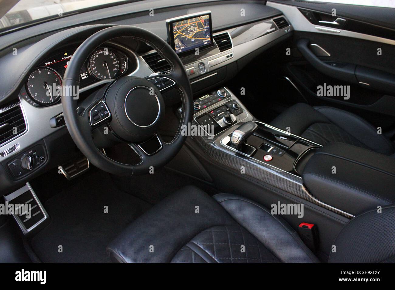 View of the interior of a modern automobile showing the dashboard. Car ...