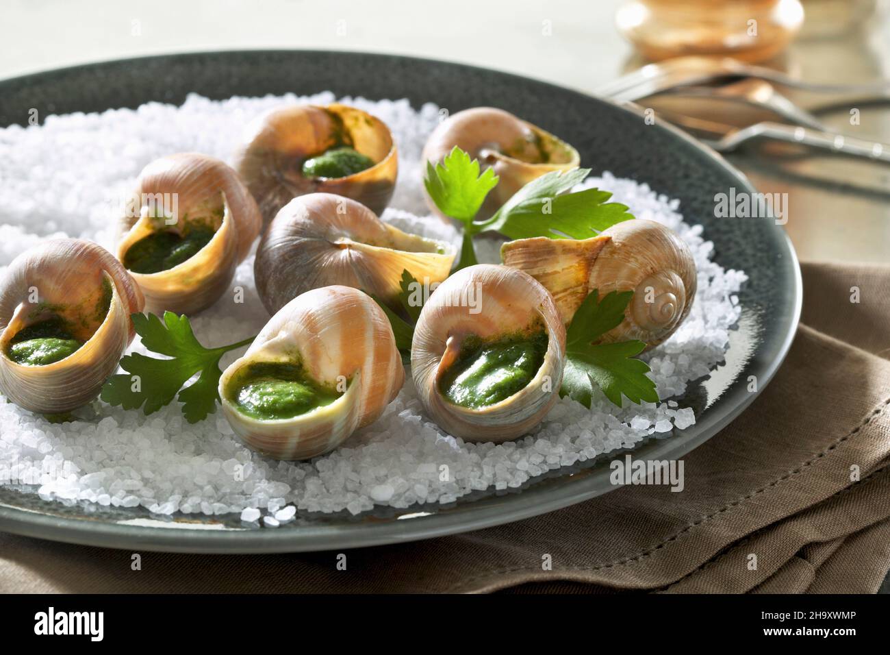 Snails with herb butter on a bed of salt Stock Photo - Alamy